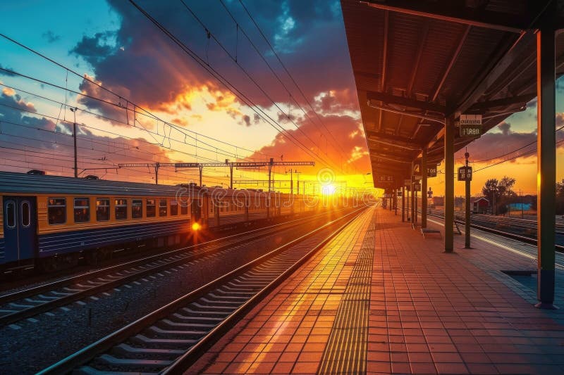 A Train is Seen Approaching Sunset on the Tracks Stock Image - Image of ...
