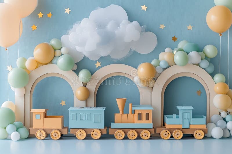 A Train Set with Three Trains and a Bunch of Balloons Stock Image ...