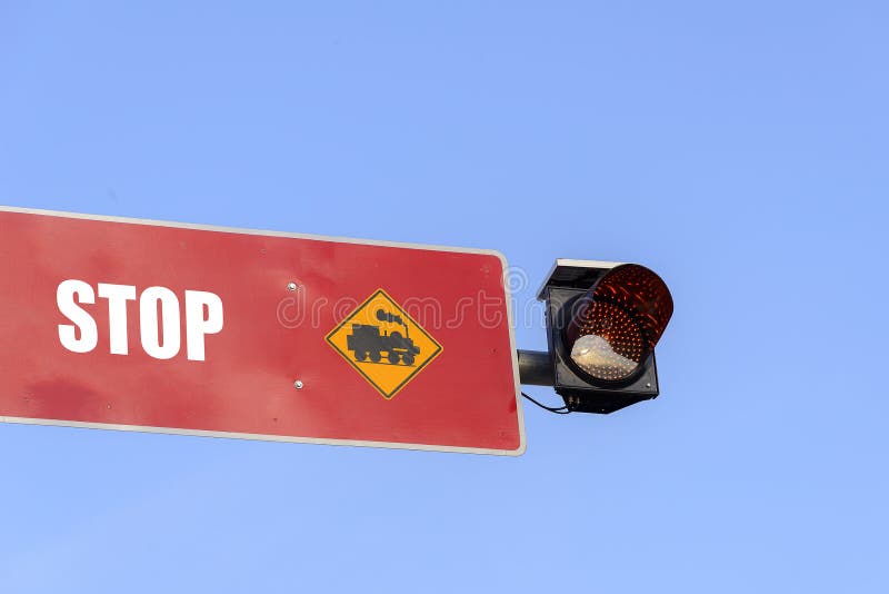 Train Sign and Warning Light Stock Photo - Image of tracks, stop: 64897680