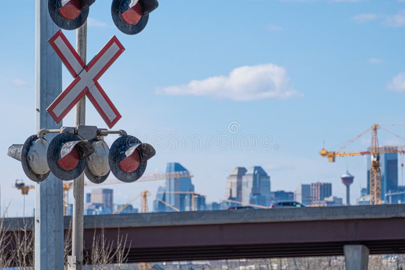 Train Signals with Calgary Skyline in the Distance Stock Photo - Image ...