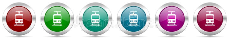 Train Silver Metallic Vector Icon Set, Round Glossy Buttons with Chrome ...