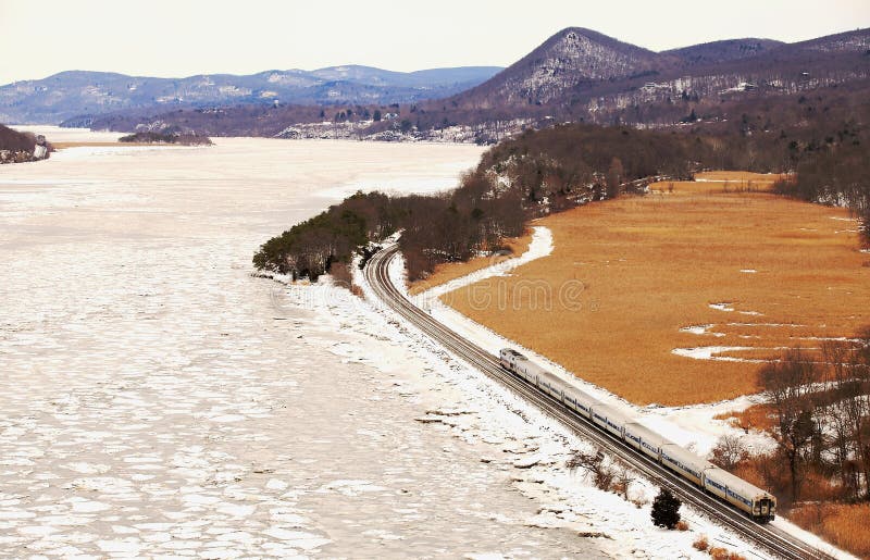 Train in Snow at Bear Mountain with Winter Colors Stock Photo - Image ...