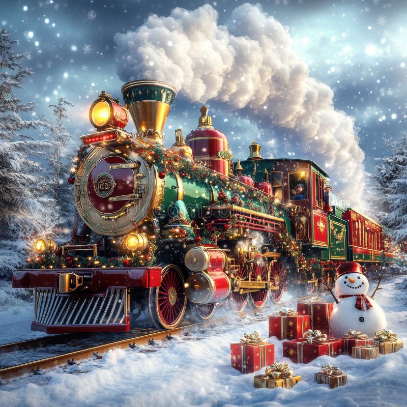 A Train with a Snowman on the Tracks and a Christmas Tree on the Front ...