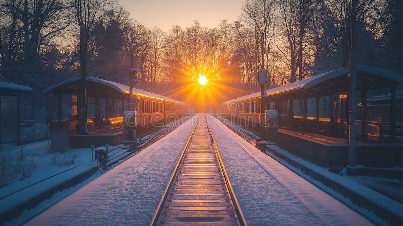 Train on Snowy Platform, Sunrise Background, Trees Poster Use Stock ...