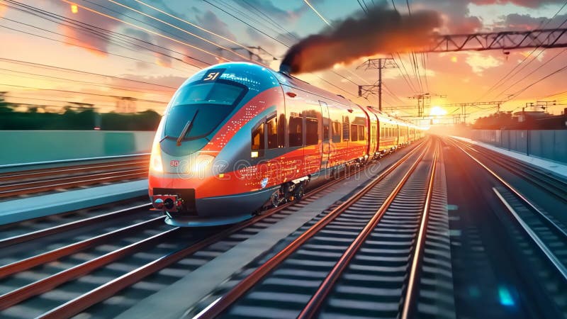 A Train is Speeding Down the Tracks with a Bright Orange and Red Color ...