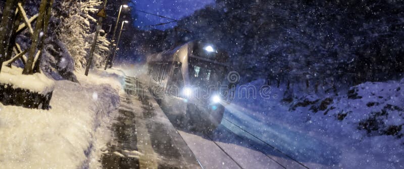 Train Speeding in a Snowy Winter Night Stock Image - Image of evening ...