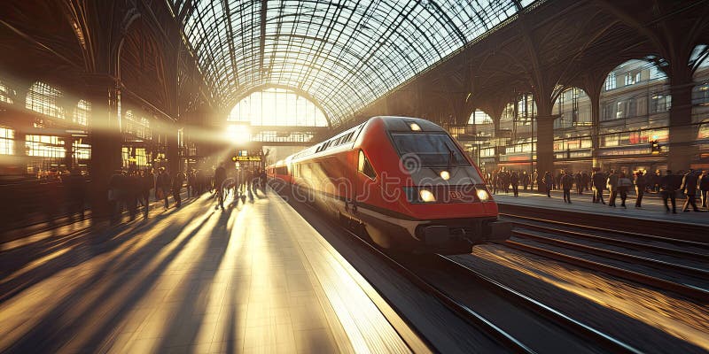 Train Speeds through Station with Blurred People Background, Dynamic ...
