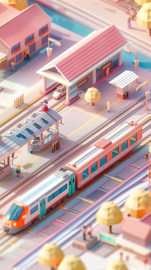 Train Station with Adorable Trains Platforms and Tiny Passengers in a ...