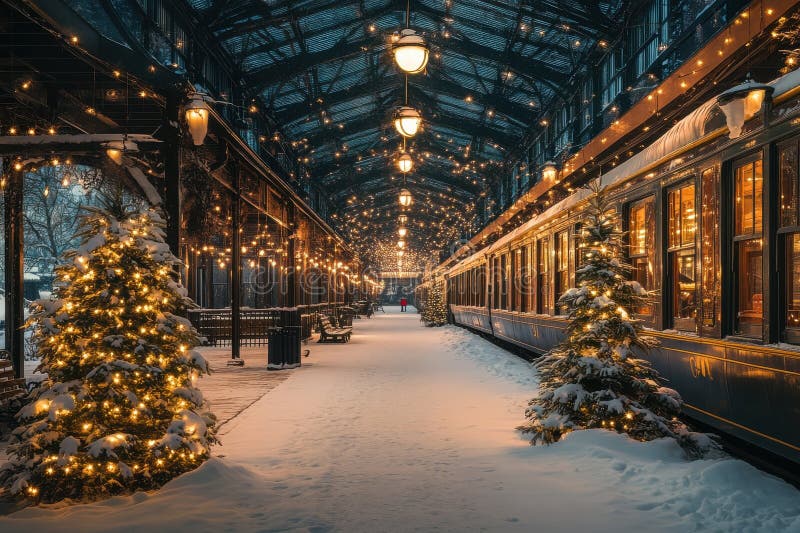 A Train Station with a Christmas Tree and Lights Stock Image - Image of ...