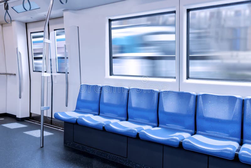Train Station and Empty Seats Commuter with Blue Color Interior Inside ...
