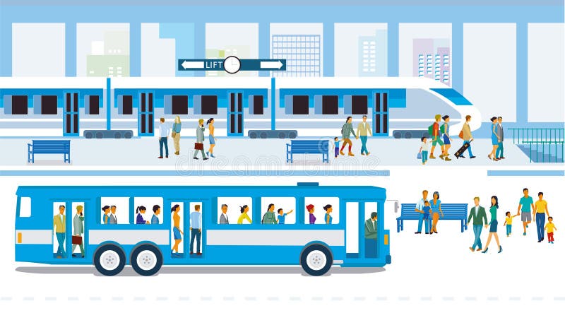 Train Station with Express Train, City Bus Stop with Passengers ...