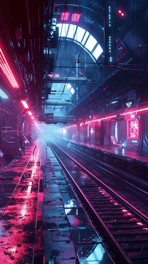 Train Station Glows with Retro-futuristic Neon Lights Stock ...