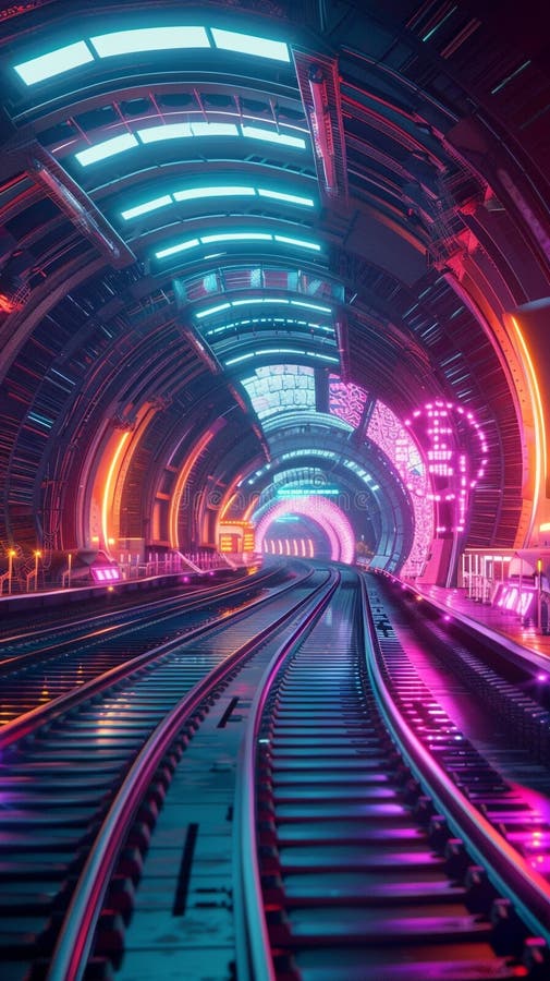 Train Station Glows with Retro-futuristic Neon Lights Stock ...