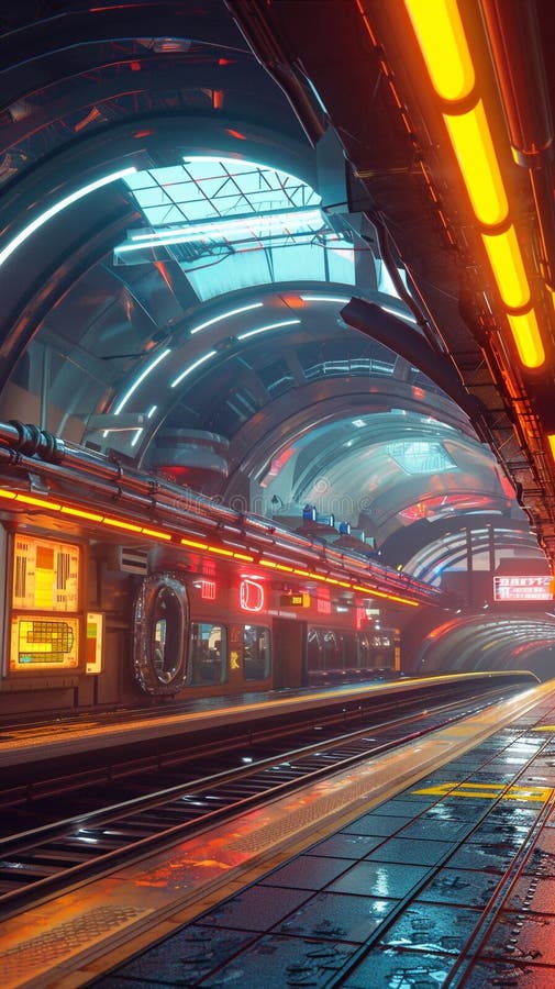 Train Station Glows with Retro-futuristic Neon Lights Stock ...