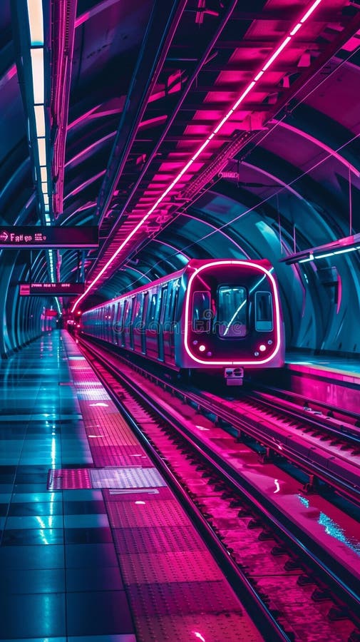 Train Station Glows with Retro-futuristic Neon Lights Stock ...
