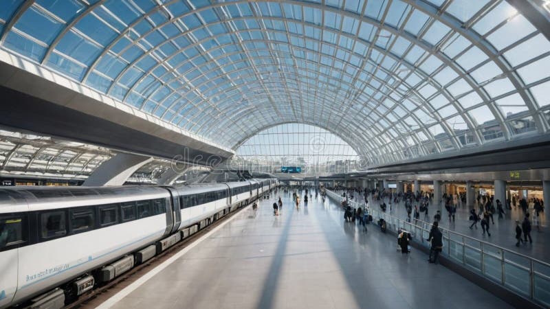 A Train Station with Large Glass Ceiling, Sweeping Structures ...