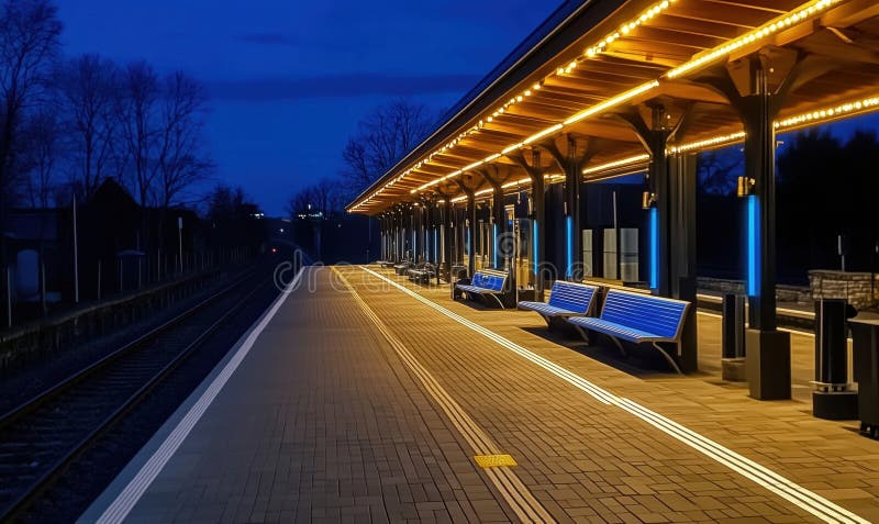 Modern Train Station Illuminated Night Empty Benches Stock Photos ...