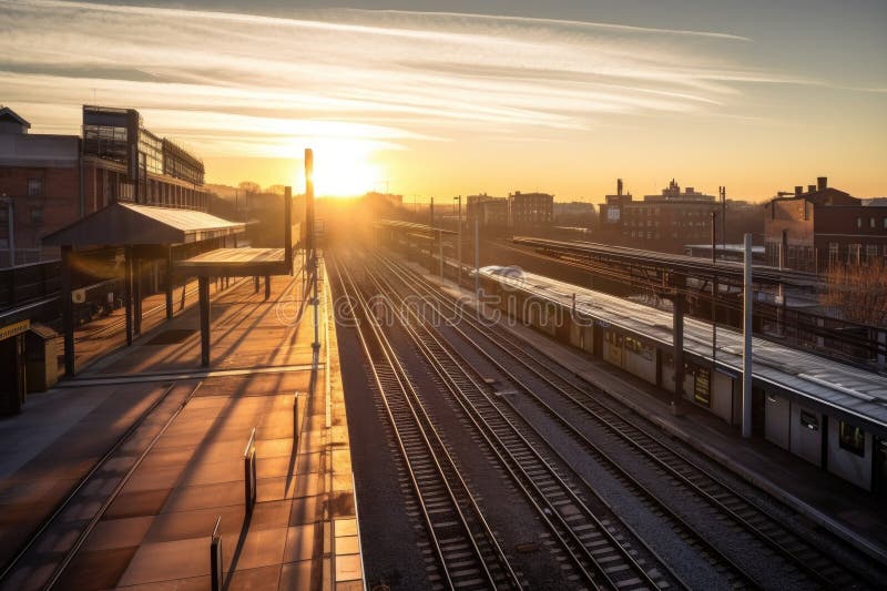 Train Station Platform, with View of Busy Cityscape at Sunrise Stock ...