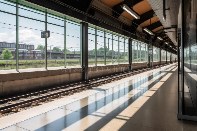 Train Station Platform, with View of Passing Train, and Reflection of ...