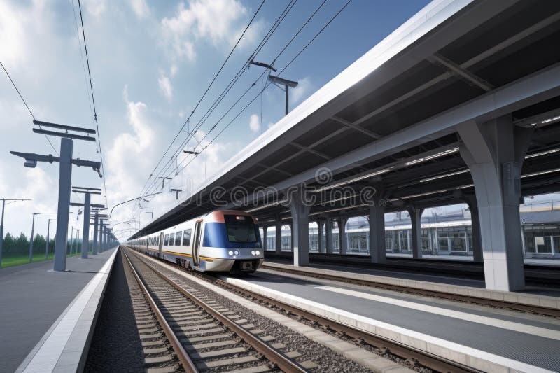 Train Station Platform, with View of Sleek High-speed Train Pulling ...