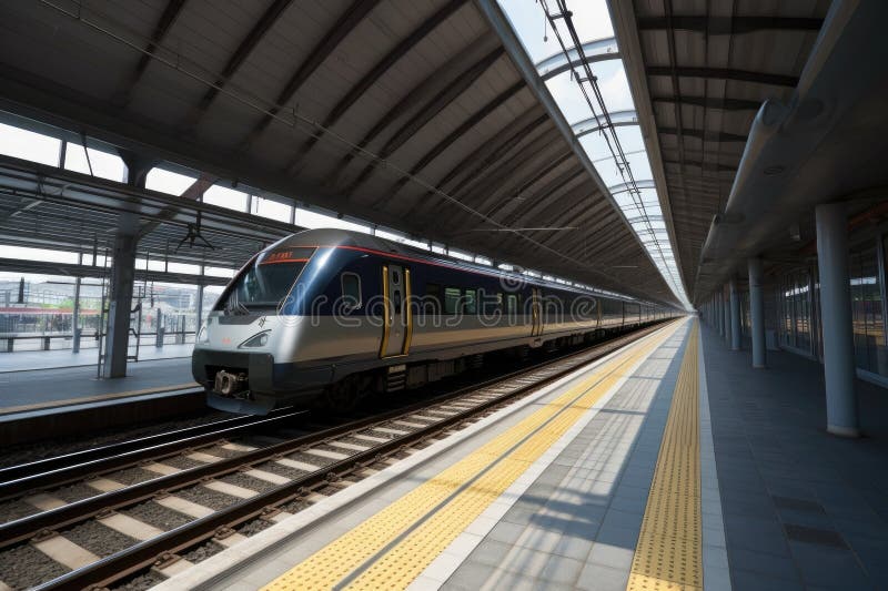 Train Station Platform, with View of Sleek High-speed Train Pulling ...