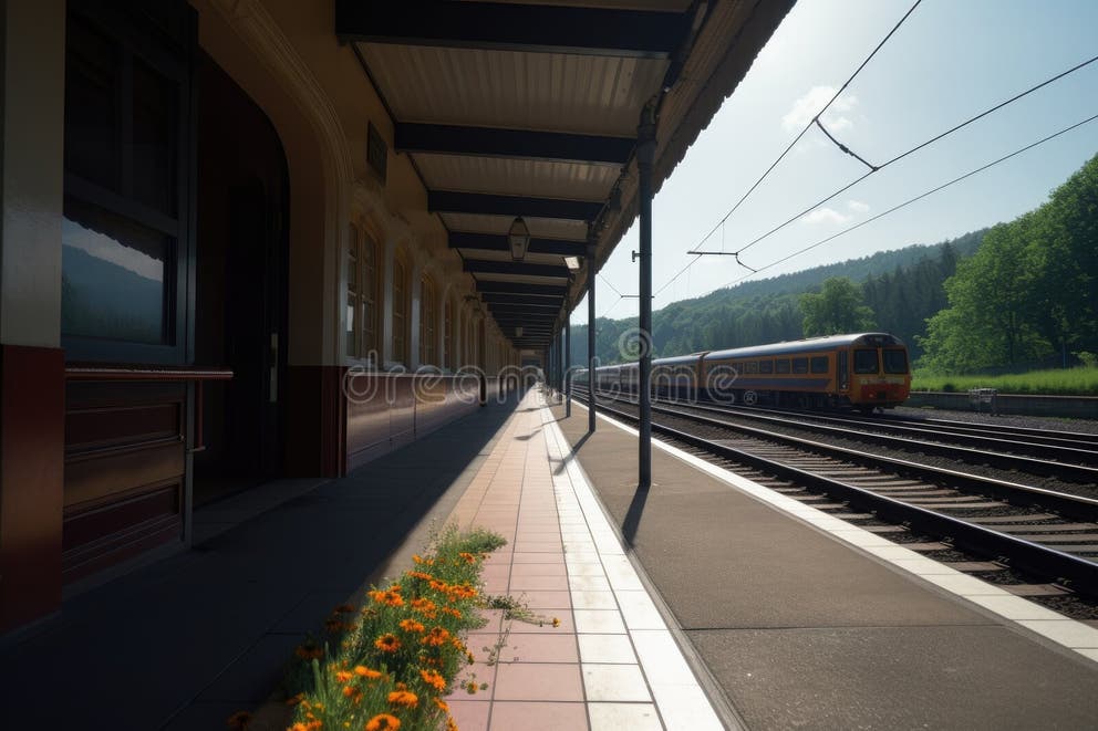 Train Station Platform, with View of the Train in Motion, and a Glimpse ...