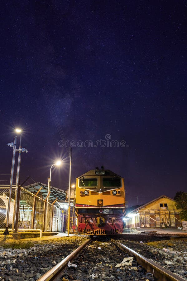 Train Station and Railway in the Night Stock Photo - Image of train ...