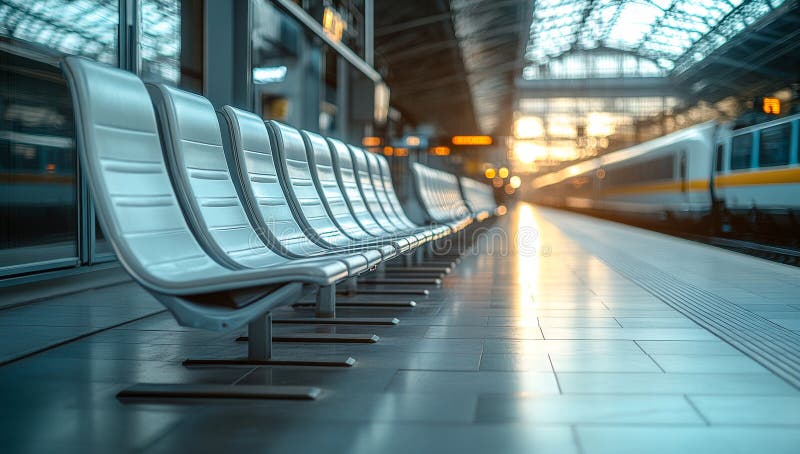 A Train Station with a Row of Empty Chairs Stock Image - Image of ...