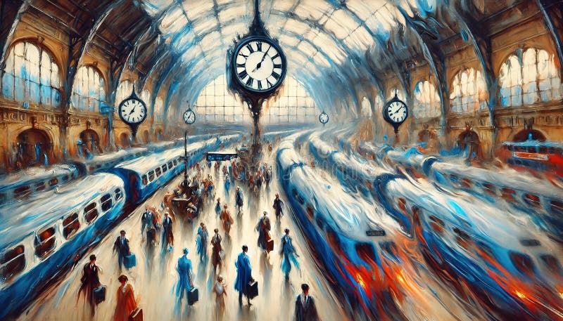 Train Station at Rush Hour with Blurred Motion and Clocks Stock ...