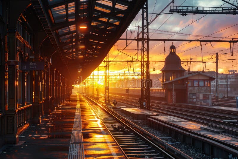 A Train Station Scene with the Sun Setting in the Background, Ideal for ...