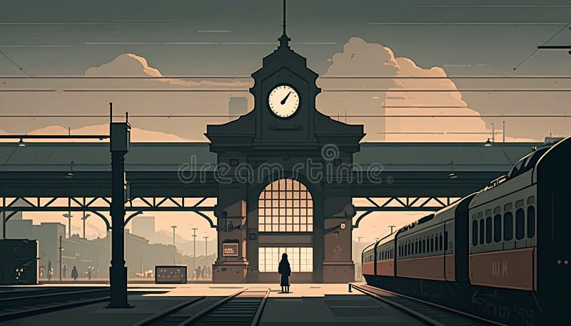 Train Station at Sunset. Railway Station with Train on the Background ...