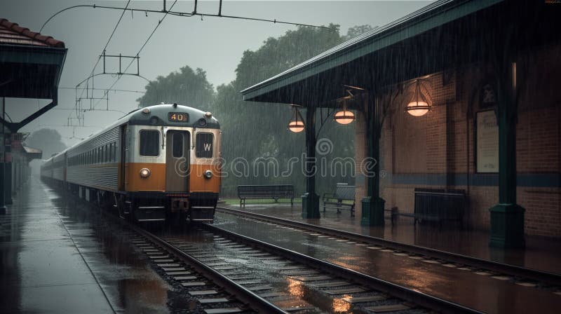 A Train Station with a Train on the Tracks in the Rain. Generative AI ...