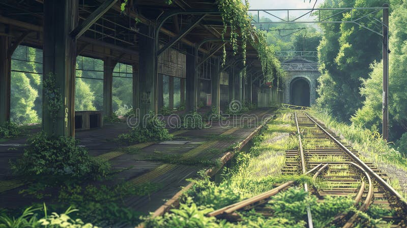 A Train Station with a Tunnel and a Train Track. Anime Background ...