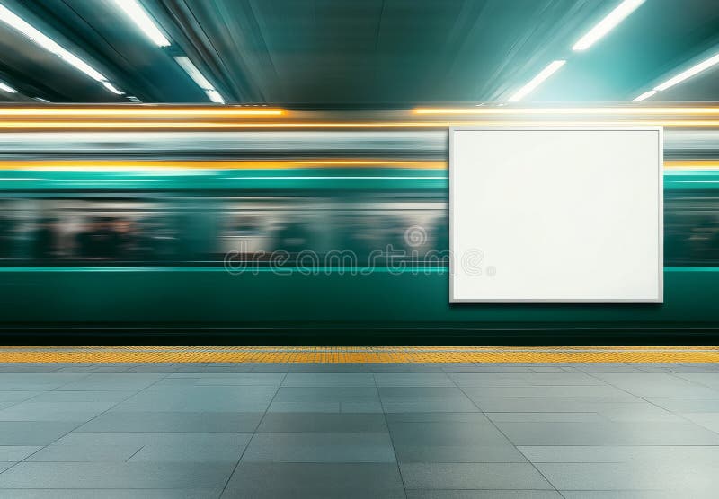 In Train Station, White Digital Billboard with Black Frame and Blurry ...