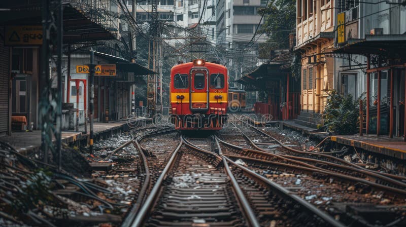 A Train is Steadily Making Its Way Down the Tracks in a City Area Stock ...