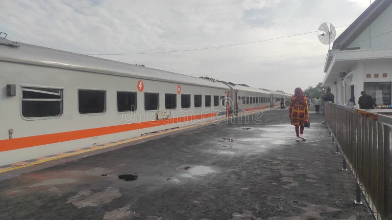 Train stop amidst the rain editorial stock image. Image of train ...