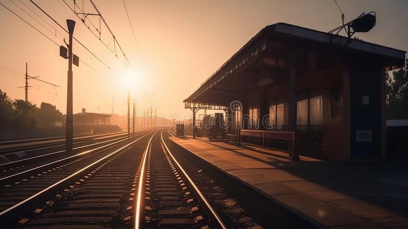 Train Stop at Railway Station with Sunset, Generative Ai Stock ...