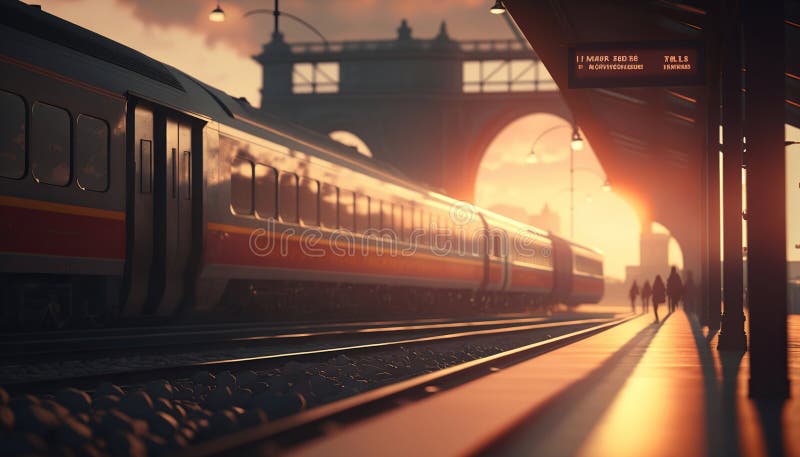 Train Stop at Railway Station with Sunset. Stock Illustration ...