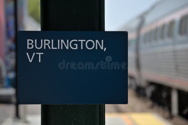 Train Stopped at Platform in Burlington, Vermont (sign on Post with ...