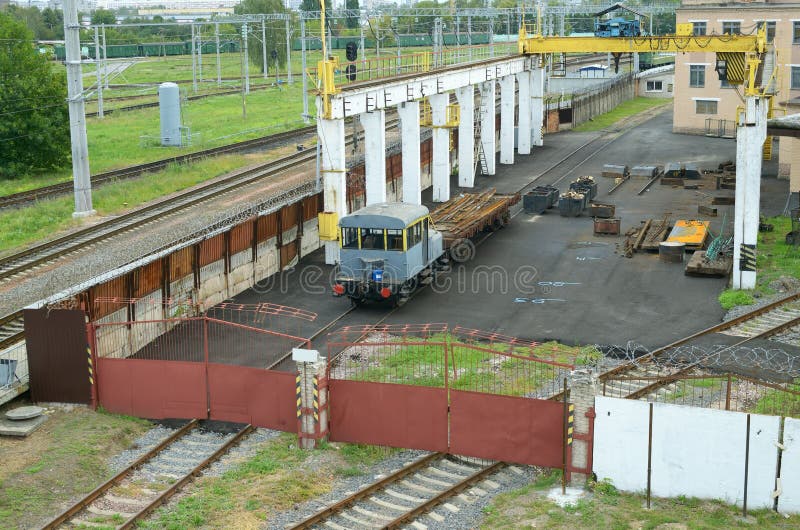 The train stops in depot. stock photo. Image of garage - 76908684