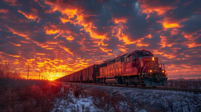 Train at Sunset with Dramatic Sky - Generative AI Stock Illustration ...