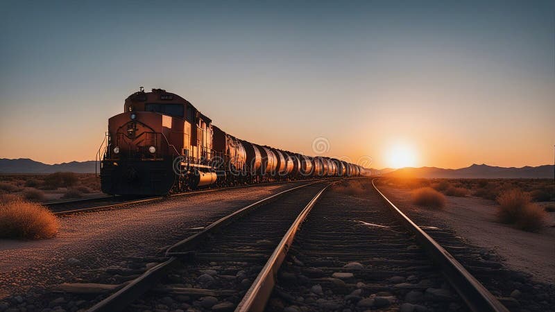 Train at Sunset Fuel Train in a Desert at Sunset. the Train Has Rusty ...