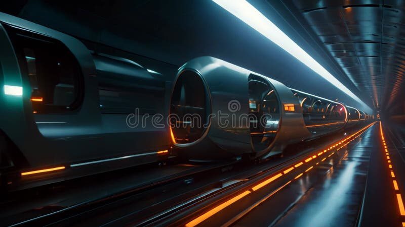 A Train Swiftly Moves through a Dark Tunnel, with a Train Platform ...