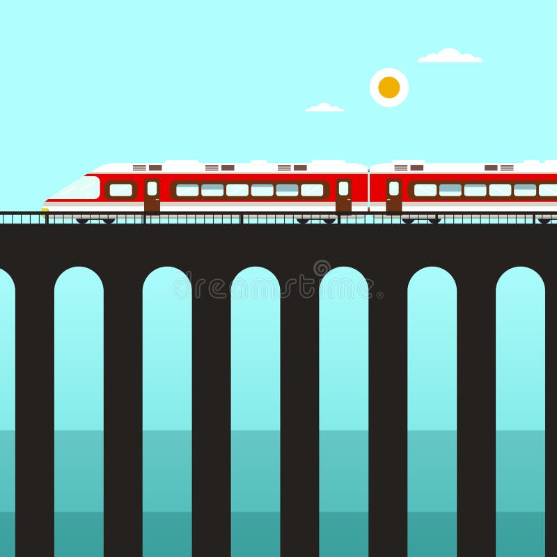 Train on Tall Bridge Over River or Ocean Stock Vector - Illustration of ...