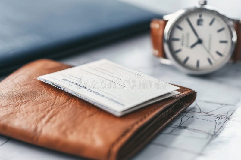 A Train Ticket Rests on a Leather Wallet beside a Watch, Ready for an ...