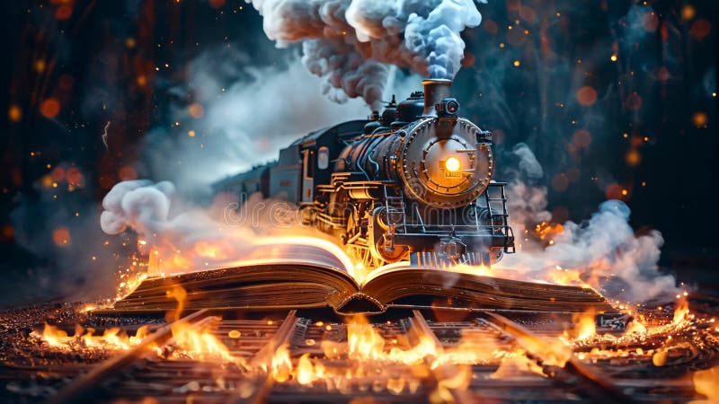 A Train is on Top of an Open Book, with Smoke and Steam Coming Out of ...