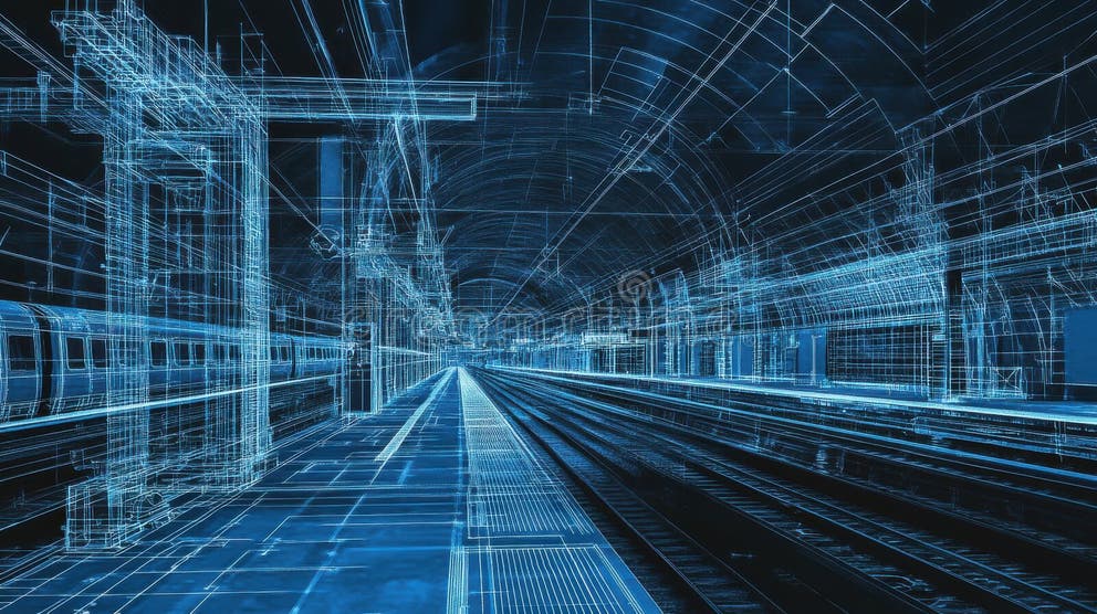 Train Track with Blue Lines and a Train Passing in the Background ...