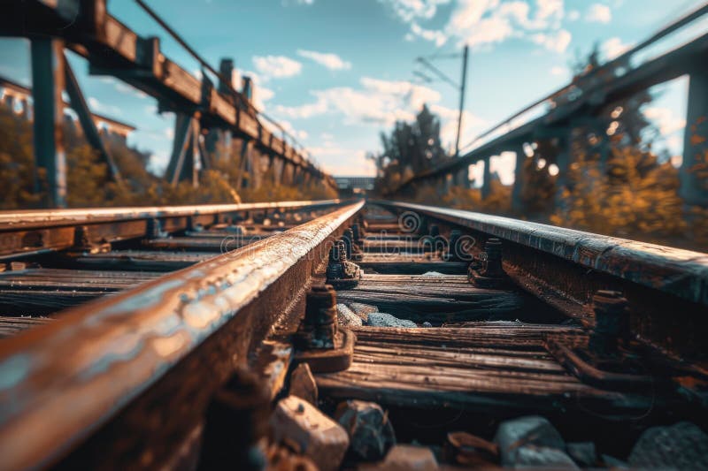 A Train Track with a Bridge in the Background, Ideal for Use in ...