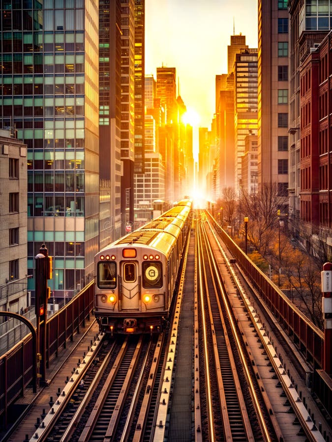 Train on Train Track in City with Skyscrapers in the Background ...
