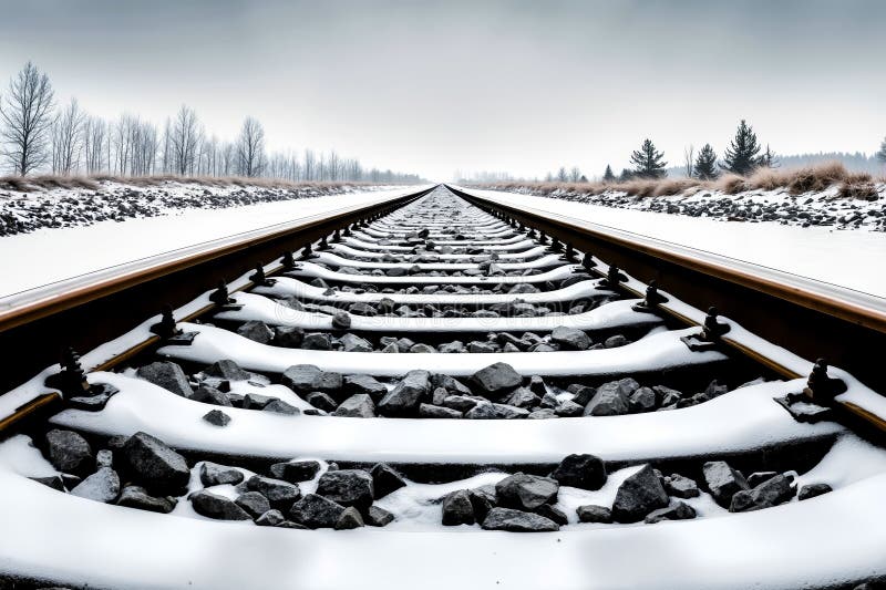 A Train Track Covered in Snow Next To a Field of Rocks Stock Image ...